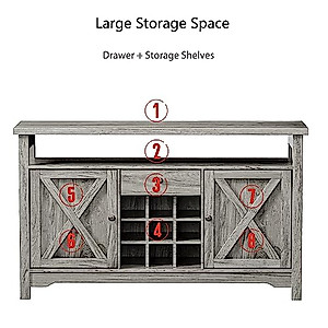 HOMBCK Wine Bar Cabinet, 47" Wine Cabinet with Barn Door, Wine and Glass Rack, Drawer, Adjustable Shelves, Farmhouse Wine Cabinet for Dining Room, Living Room, Washed Grey