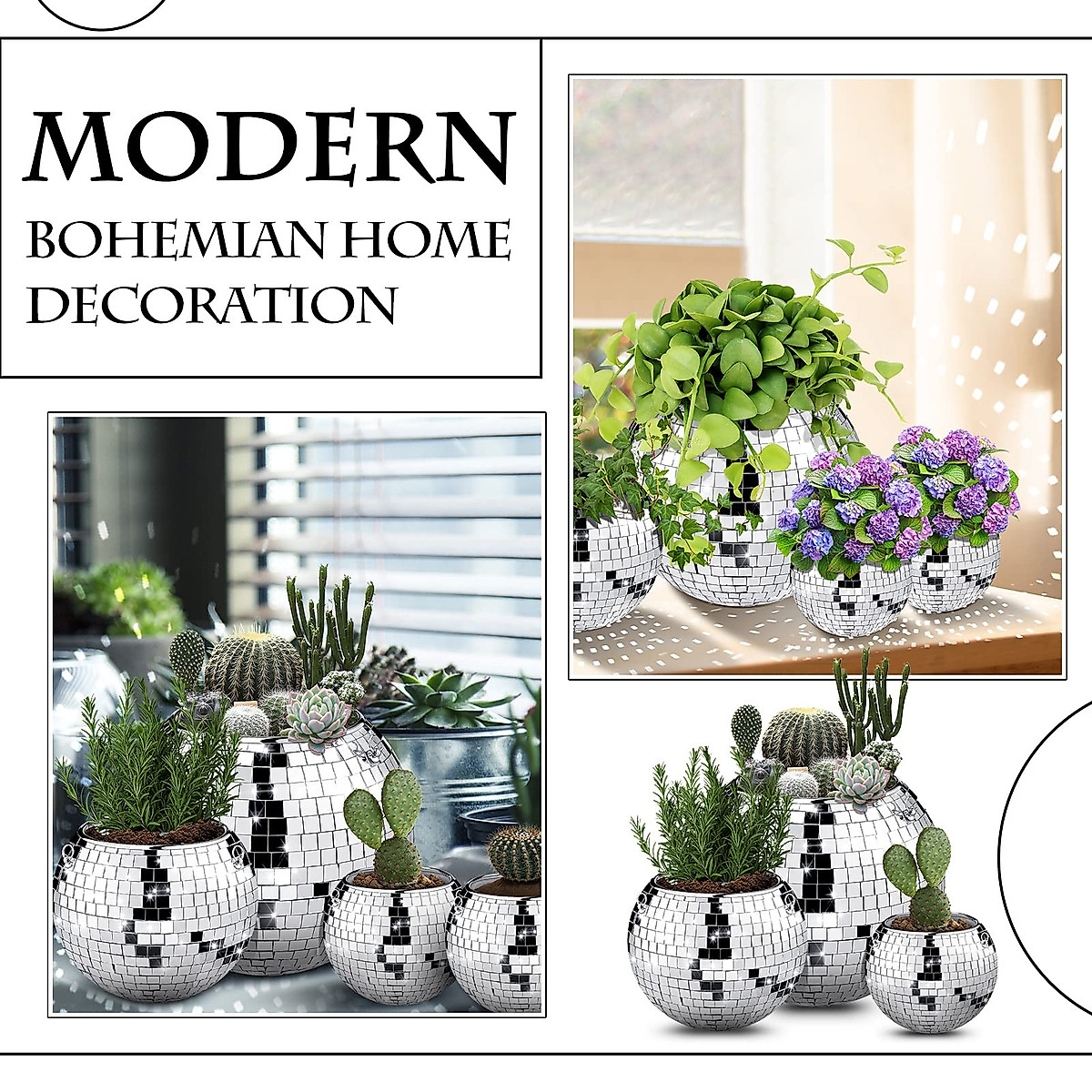 4 Set Disco Ball Planter Disco Ball Hanging Planter with Extra Long Chain Silver Disco Ball Hanger Planter Disco Ball Vase Boho Decor for Home Room Patio Decoration Gift (8", 6", 2 Pcs 4")