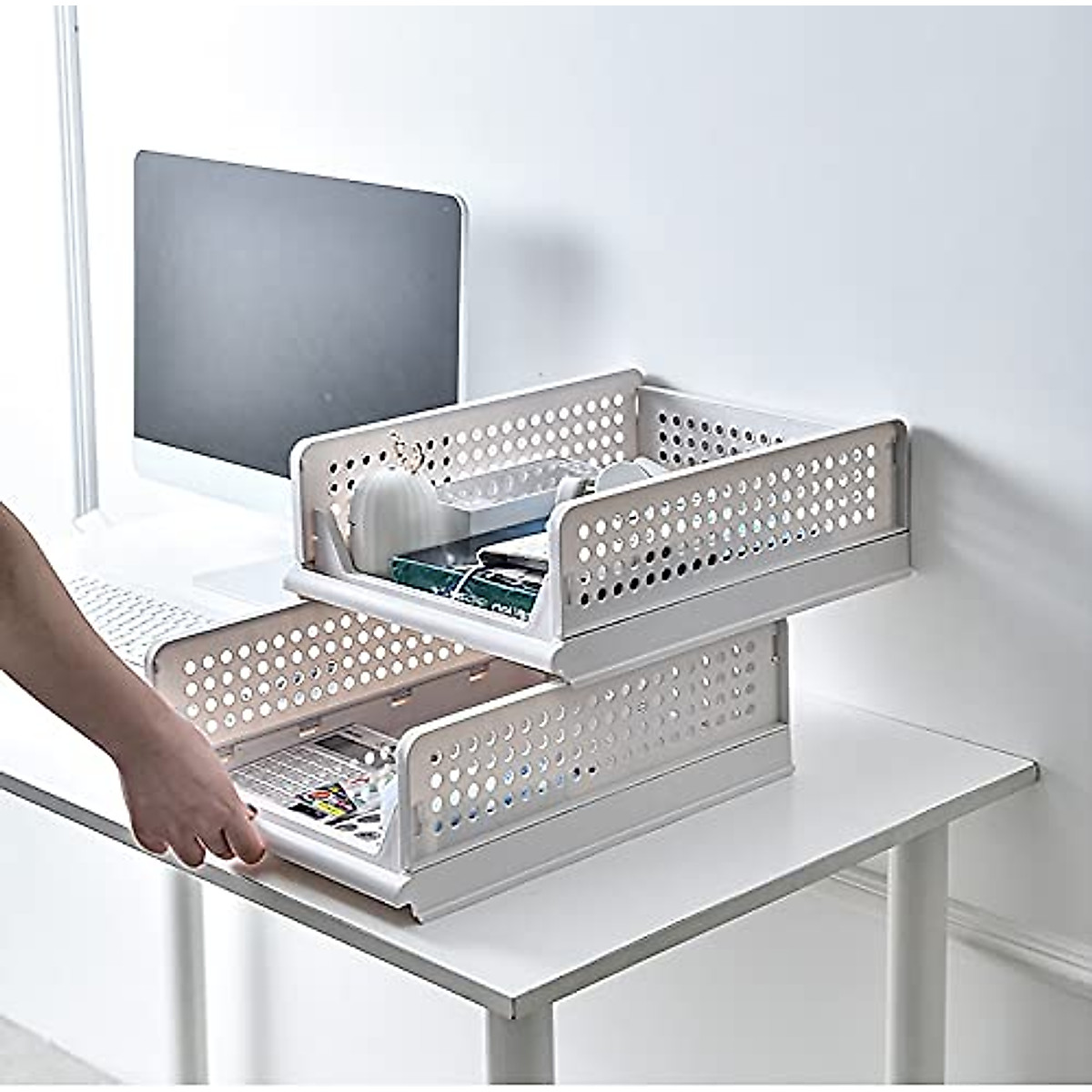 VANCORE Stackable Shelf Baskets Organizer Folding Wardrobe Closet Organizers, Pull Out Drawer Organizer Containers Storage Bin for Home Office Bedroom Laundry Room, Large x 4