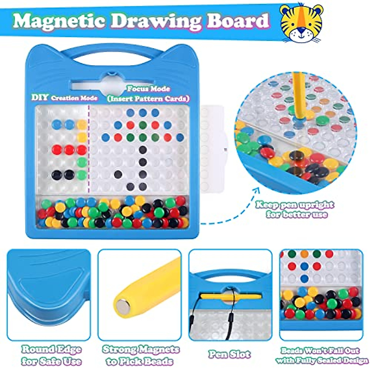 Magnetic Drawing Board for Kids, Toddler Magnet Doodle Board with Beads and 2 Pens, Magnetic Dot Art, Montessori Fine Motor Skills Toys, Airplane Car Travel Activities for Boys Girls (Blue Cat)