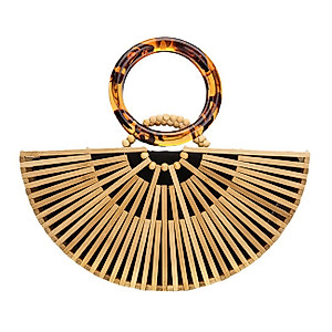 summer beach holiday bamboo woven bag retro portable straw woven bag Tote Bamboo Handbag Bown straw bag Acrylic rattan bag drawstring beach bags for summer (Small(10.23"x11"x3.2"))