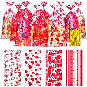 200 Pieces Valentine Cellophane Treat Bags Valentine's Day Plastic Heart Bags Candy Goodies Gift Bags and 200 Pieces Gold Twist Ties for Valentine Party Supplies