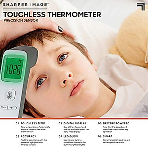 SHARPER IMAGE Digital Touchless Smart Forehead Thermometer, High-Precision Infrared Sensors, Stores 35 Readings, Touch-Free Temp Scans, Battery Powered, Built-in LED Glow Light