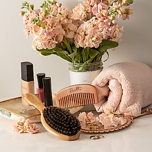 Boar Bristle Hair Brush Set for Women and Men - Designed for Thin and Normal Hair - Adds Shine and Improves Hair Texture - Wood Comb and Gift Bag Included (black)