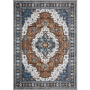 Washable Rug Living Room Rugs: 9x12 Area Rug Large Boho Medallion Distressed Carpets Indoor Soft Floor Anti Slip Carpet for Under Dining Table Bedroom Farmhouse Home Office - Blue/Orange Brown