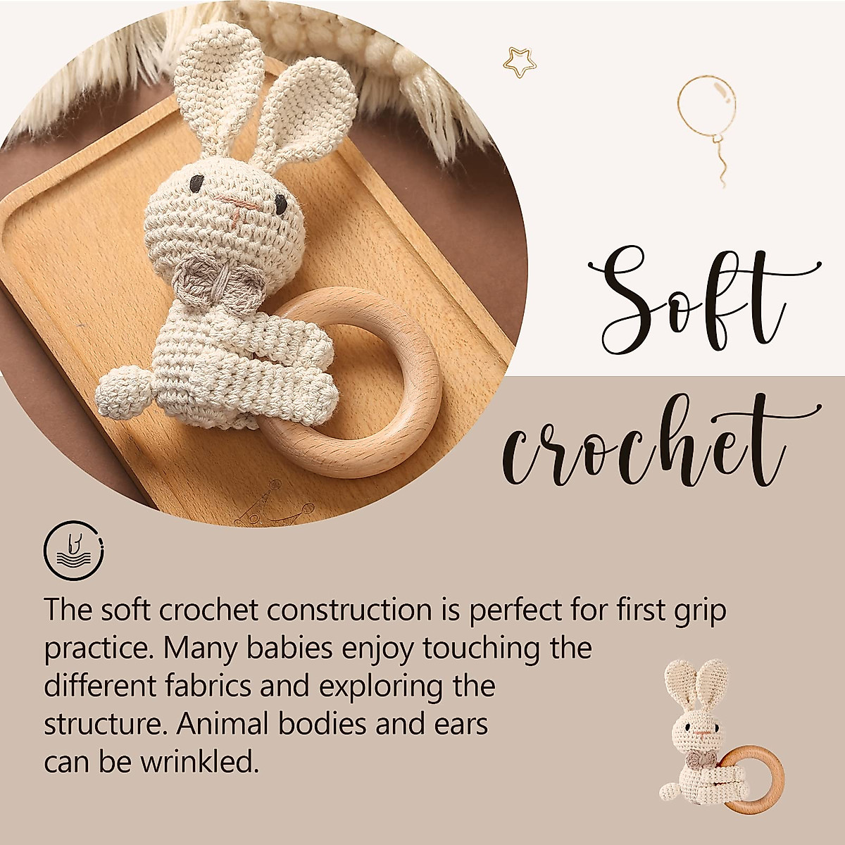 WOODEN TEETHER Crochet Baby Rattle, Crochet Baby Toys, Organic Wooden Newborn Toys, Newborn Animal Rattle Toys，Knitted Stuffed Animals Gifts for Baby, Orange Fox