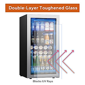 Ca'Lefort Beverage Refrigerator, 121 Can Mini Fridge Glass Door for Beer Soda 38-68°F, Freestanding/Under Counter Beverage Cooler for Bedroom/Office/Bar, 3 Adjustable Shelves(3.11 Cu.Ft)