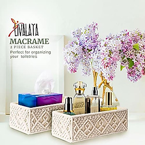 Livalaya Macrame Storage Baskets and Decorative Bins with Lining, Woven Boho Basket Box Organizers for Bathroom Countertop and Toilet Paper Holder, Bedroom, Baby Nursery and Home Organization Set of 2, US Brand