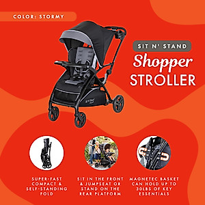 Baby Trend Sit N' Stand 5-in-1 Collapsible Kids Shopper Stroller with Shaded Canopy Visor, Extendable Storage Basket, and 2 Cup Holders, Stormy