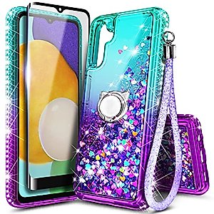 NZND Compatible with Samsung Galaxy A14 5G Case with Tempered Glass Screen Protector (Maximum Coverage), Ring Holder/Wrist Strap, Glitter Liquid Floating Waterfall Durable Cute Case (Aqua/Purple)