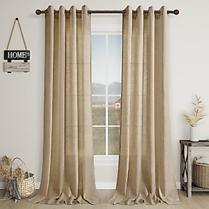 Tan Brown 102 Inch Linen Curtains 2 Panels Set Grommet Light Filter Burlap Linen Drapes Boho Farmhouse Semi Sheer Window Curtain 102 Inches Length for Hallway Nursery Living Room Sliding Patio Door