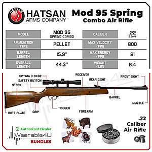 Wearable4U Hatsan Mod 95 Spring Combo .22 Cal Air Rifle 100x Paper Targets and 250x .22cal Pellets Bundle
