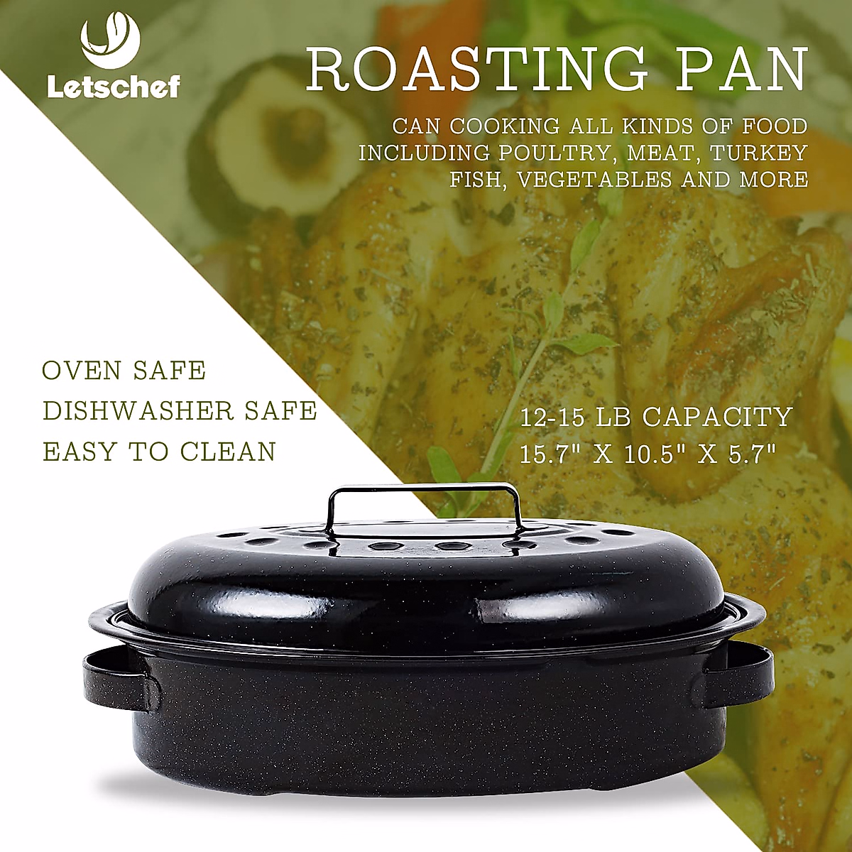 Letschef Roasting Pan 11Lb 15.7 inch Oval Enamel Oven Roaster Pan with Lid for Turkey Chicken Cookware PFOA free