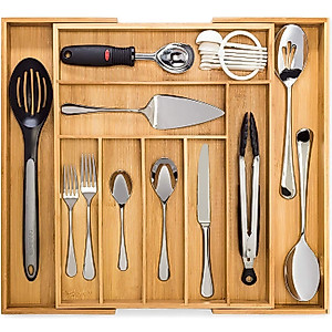 Dynamic Gear Premium Bamboo Drawer Organizer, Silverware Organizer, 100% Pure Bamboo, Adjustable Utensil Organizer, Kitchen Drawer Organizer, Silverware Tray for Drawer (7-9 slots)