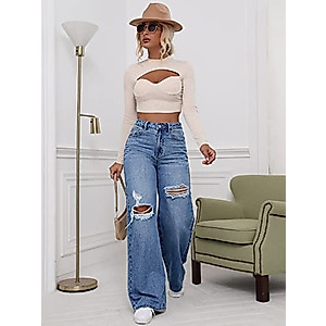 WDIRARA Women's High Waist Ripped Wide Leg Baggy Jeans Distressed Denim Pants Medium Wash S