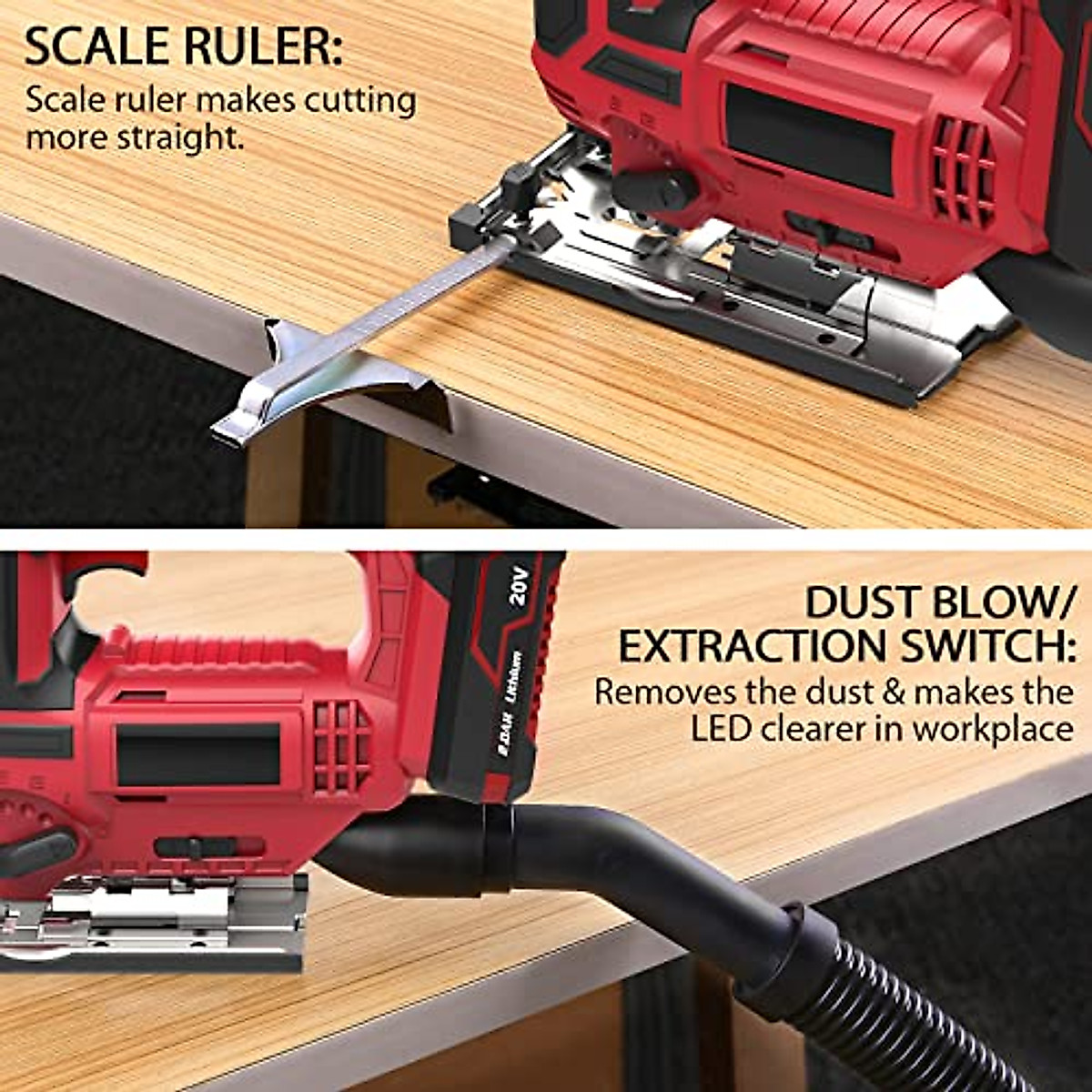 Jigsaw, 20V Cordless Jig Saws with LED, 10Pcs Blades, 4 Orbital Settings, Variable Speed, ±45° Bevel Cutting, Scale Ruler, Tool-free Blade Changing, Battery & Carrying Bag & Fast Charger Included（A）