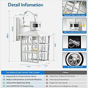 VIANIS Motion Sensor Outdoor Lights, White Dusk to Dawn Wall Lights, Exterior Light Fixture, Anti-Rust 100% Aluminum Outdoor Wall Lantern Wired for Garage Patio, Front Porch Light