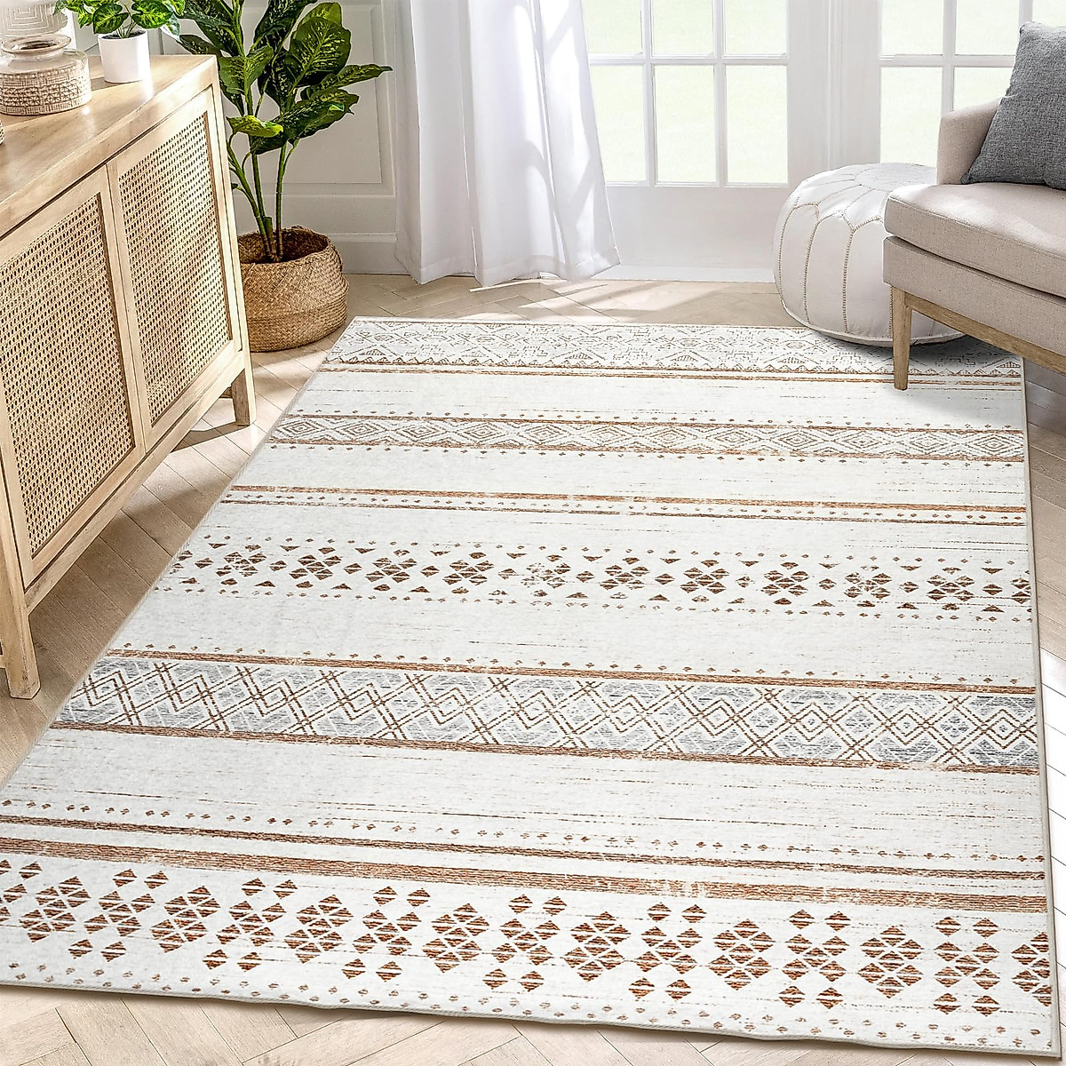 BESTSWEETIE 8x10 Area Rug for Living Room Washable Rug Moroccan Farmhouse Neutral Geometric Soft Low Pile Non-Slip Water Repellent Rug for Dining Room Bedroom Cream/Brown