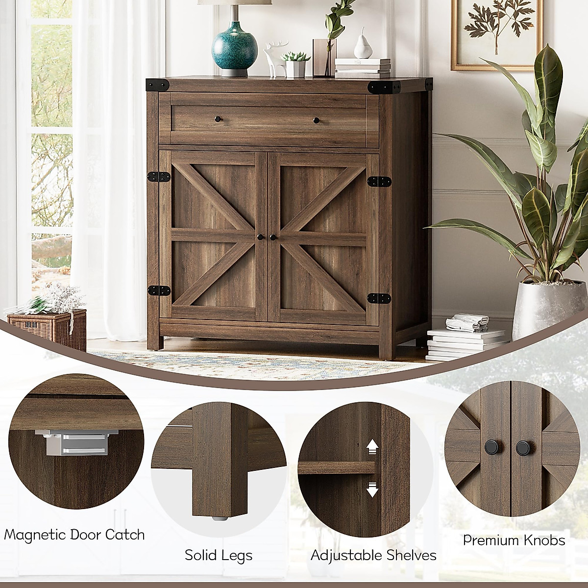 Flamaker Sideboard Buffet Cabinet with Storage, Farmhouse Coffee Bar Cabinet with 1 Drawer and 2 Barn Doors, Barn Door Console Table, Storage Cabinet for Kitchen, Dining Room, Entryway (Brown)