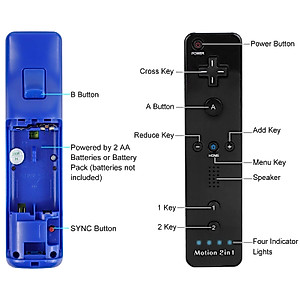 Wii Remote Controller (2 Pack) with Motion Plus Compatible with Wii and Wii U Console Wii Remote Controller with Shock Function (Black+Dark Blue)