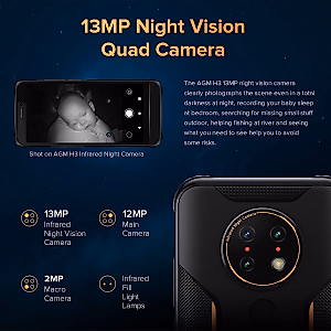 AGM H3 Rugged Smartphone, Rugged Phone Unlocked Android 11 4G LTE, 13MP Infrared Night Quad Camera, IP68/IP69K Waterproof, 5.7" HD+ Screen 4GB+64GB, 5400mAh Battery, 2W Loud Speaker/PTT/GPS/NFC Black