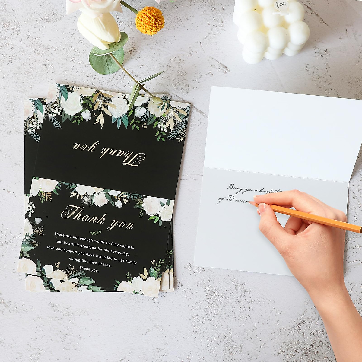 BYBOUS 25 Pack Black Funeral Thank You Cards with Envelopes, 4×6In Watercolor Flowers Sympathy Bereavement Thank You Card on the Inside for Funeral Memorial Family Loved Ones Celebration of Life