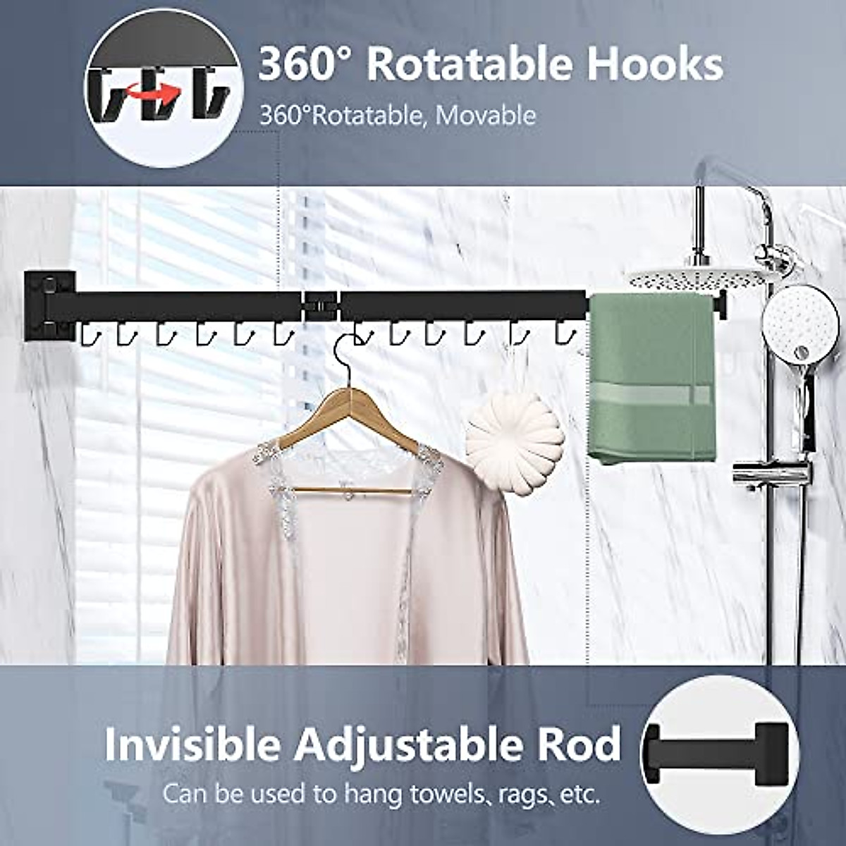 BHeadCat Clothes Laundry Drying Rack Wall Mounted, Retractable Garment Hanger with Hooks, Easy to Install, Strong Load-Bearing, Tri-Collapsible Clothes Dry Rack for Balcony, Bathroom, Bedroom