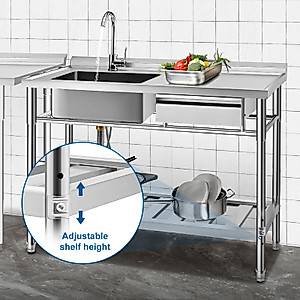 YORKING Stainless Steel Utility Sink, Free Standing Single Bowl Kitchen Sink with Cold and Hot Water Pipe for for Laundry Room Farmhouse Indoor and Outdoor Sink (47 inch)