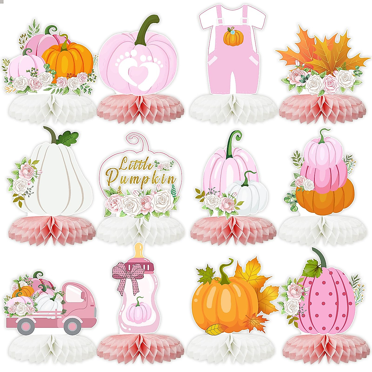 12PCS Little Pumpkin Baby Shower Decorations Honeycomb Centerpiece Fall Party Table Decor for Girls Pink Table Toppers Honeycomb 3D Table Decoration for Baby Shower Birthday Party Supplies