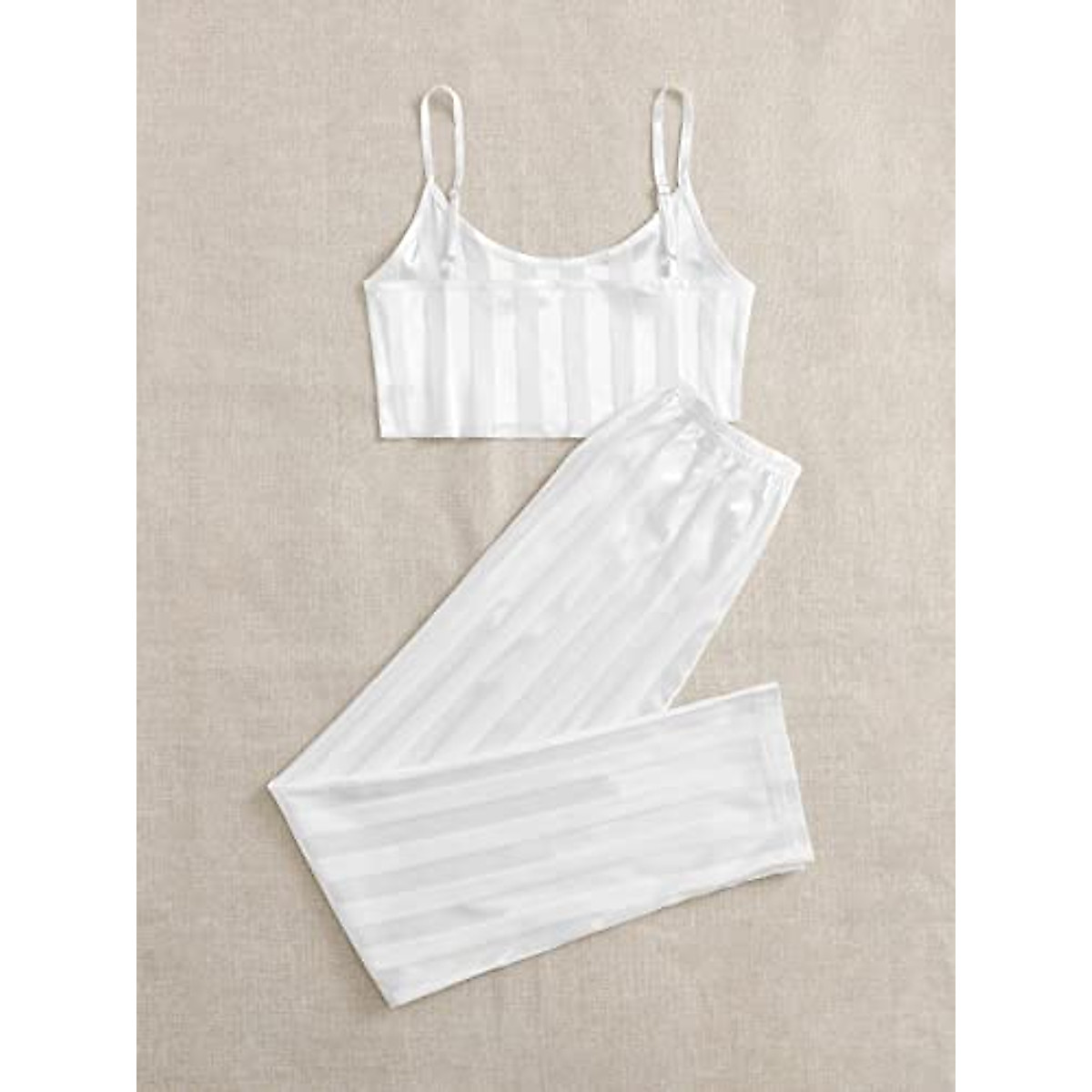 WDIRARA Women's Satin Striped Cami Top and Pants Soft Sleeveless Pajama Lounge Set White L