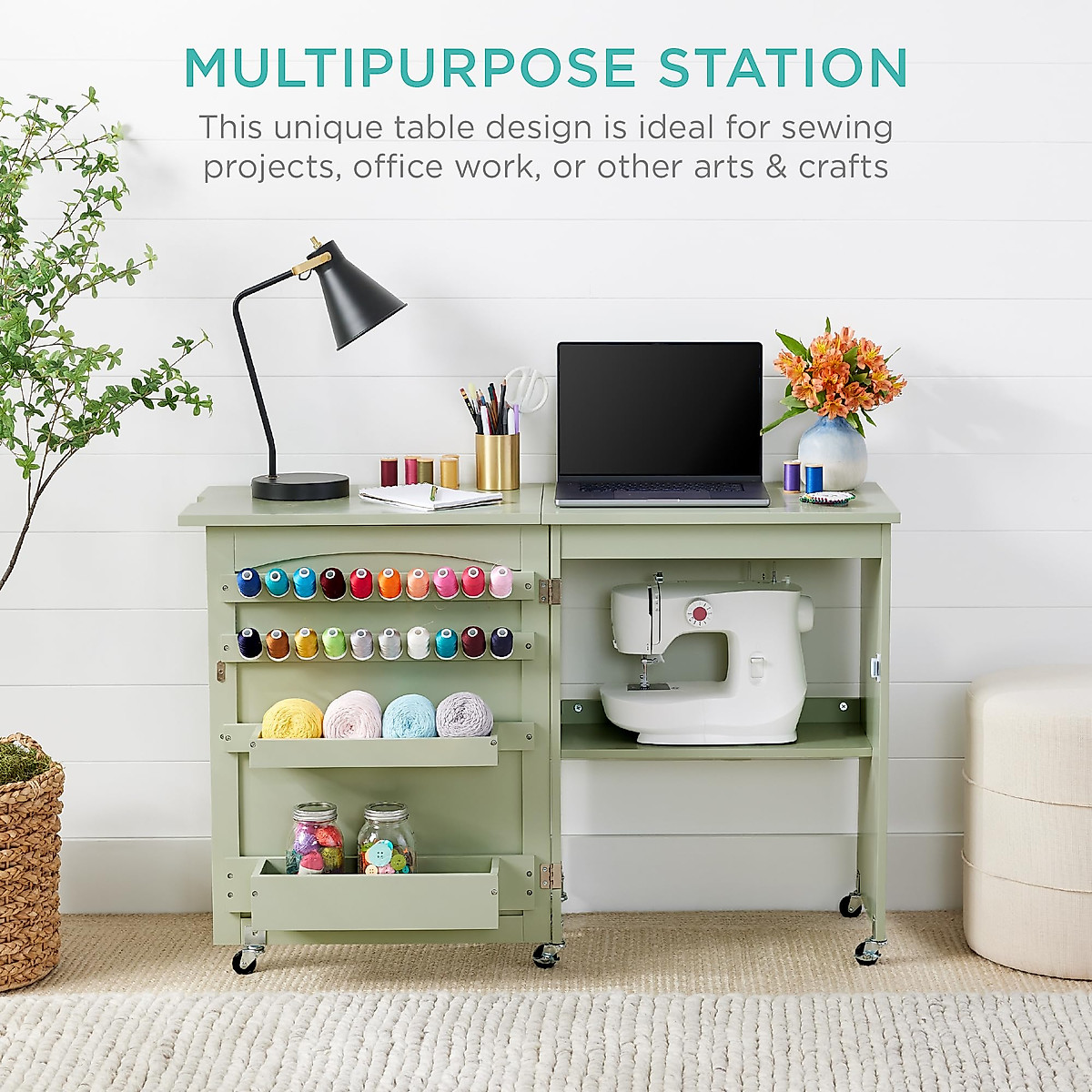 Best Choice Products Folding Sewing Table Multipurpose Craft Station & Side Desk with Compact Design, Wheels, Shelves, Storage Trays, Pegs, Magnetic Doors, Metal Doorknobs - Light Green