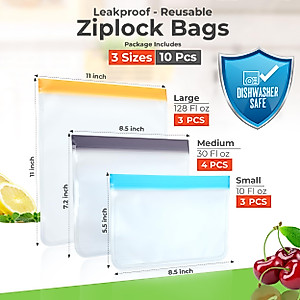 10 Pack Dishwasher Safe Reusable Silicone Food Storage Bags Leak Proof Ziplock Freezer Bags for Food Storage Home Organization Travel Makeup BPA Free for Fruit 3 Gallon 4 Sandwich 3 Snack