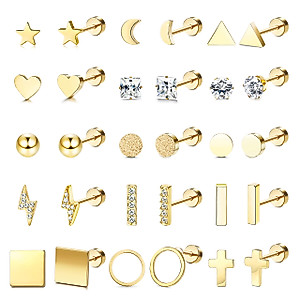 ORAZIO 15 Pairs Tiny Cartilage Stud Earrings Star Moon Circle Bar Heart Trague Stud Earrings Set for Women Flat Back Cross CZ Earrings Stainless Steel Ear Piercing Set