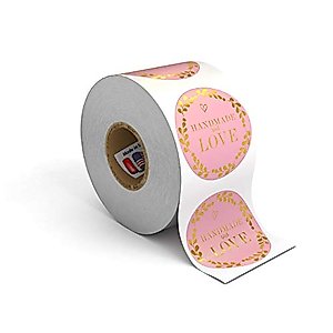 Kenco 1.5" Inch Handmade with Love Stickers, Made in The USA! for Envelopes, Boxes, Packaging and More - 500 Labels Per Roll (1 Pack 500 Stickers, Pink and Gold FOIL)