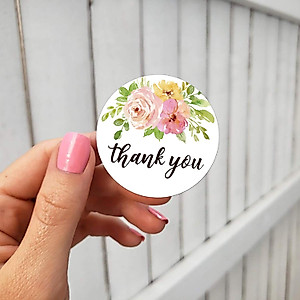 Mr.Mug Floral Thank You Stickers, 2" Round, 50 Pink & Green Labels Paper, Permanent Adhesive, for Small Business Owners, Wedding, Birthday Party Favors, Gift Box