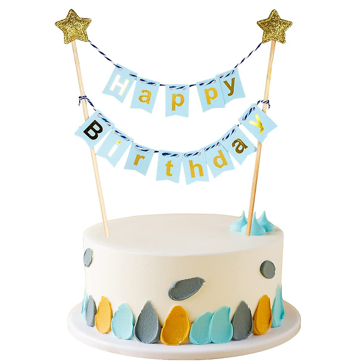 Kawailay 1st Boy Birthday Cake Topper Set Glitter Happy Birthday Cake Banner Flag First Birthday Cake Topper with Hot Air Balloon Clouds Stars for Baby Shower Boy s Birthday Party Supplies - Blue