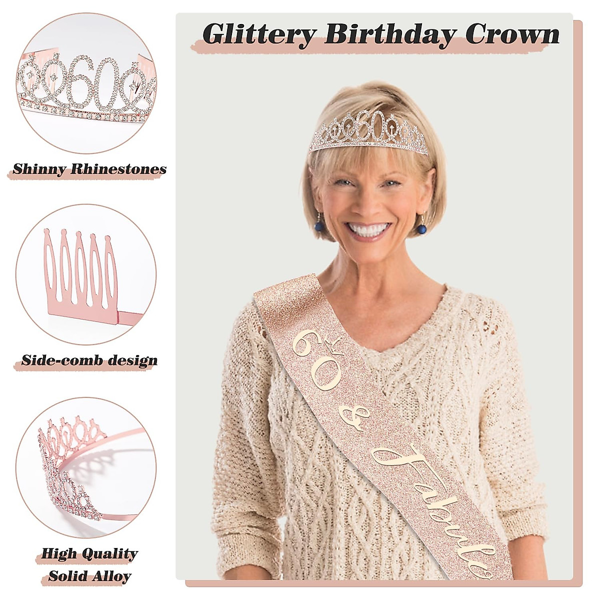 60th Birthday Gifts Decorations for Women - 60 Birthday Cake Topper, Balloons, Queen Sash, Crown and Candle Set, Rose Gold
