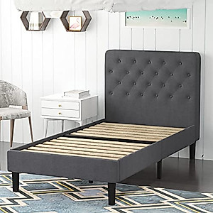 4 EVER WINNER Twin Bed Frames Upholstered Platform Bed Frame with Button Tufted Headboard, Twin Size Bed Frames for Kids, Sturdy Slat Support, No Box Spring Needed, Easy Assembly, Grey