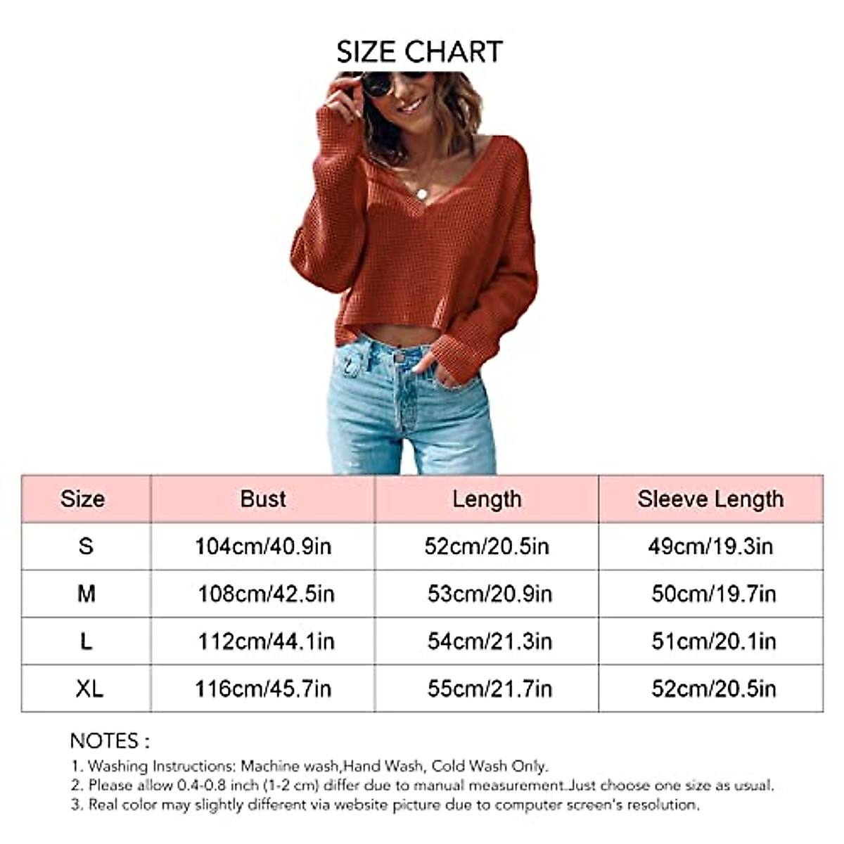 Women Knit Sweaters Tops Long Sleeve V Neck Knitwear Pure Color High Waist Short Loose Knitted Pullover for Autumn Winter(L-Brown)