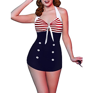 Ekouaer Womens One Piece Swimsuits Vintage Striped Skirt Bathing Suit Vintage Retro Push Up Swimwear Red