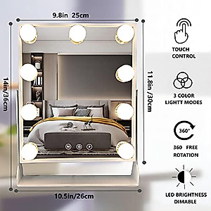Acoolda Vanity Mirror with Lights, Hollywood Lighted Makeup Mirror with 9 Dimmable LED Bulbs, 3 Color Lighting Modes, Detachable 10X Magnification, 360°Rotation,White