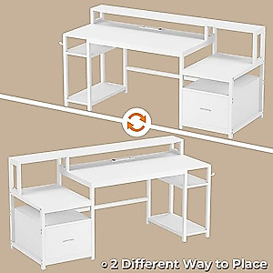 SEDETA White Computer Desk with File Drawer and Power Outlet, 66'' Home Office Desk with Drawer, Storage Shelves and Printer Shelf, Computer Table Study Writing Desk Workstation with Monitor Shelf