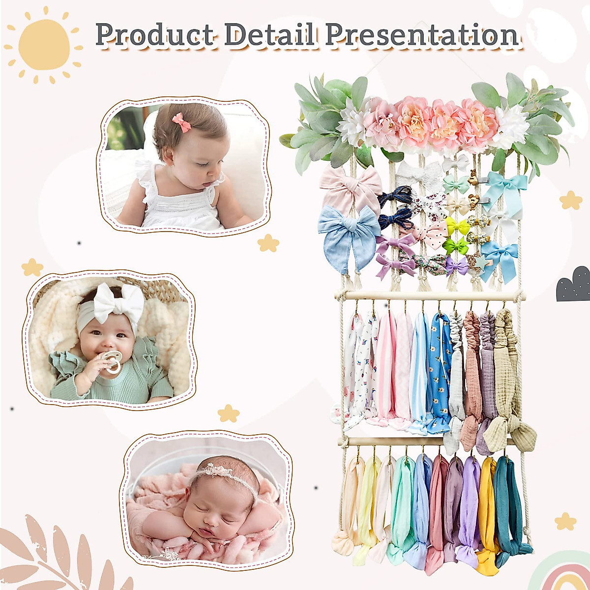 POVETIRE Headband Holder Hair Bows Organizer for Girls, Hair Accessories Display Storage Wall Hanging Decor for Baby Nursery Toddler Girls Room