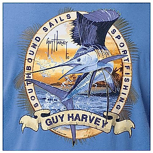 Guy Harvey Men’s Billfish Collection Short Sleeve Pocket T-Shirt, Azure Blue/Southbound Sails, X-Large