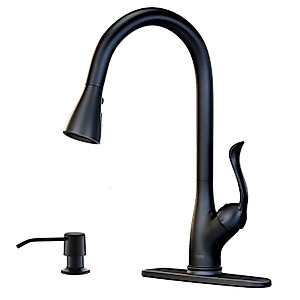 Matte Black Kitchen Faucet Pull Down Sprayer and Soap Dispenser - Single Handle Commercial High Arc One Hole Pull Out Spray Head Kitchen Sink Faucets with Deck Plate, APPASO