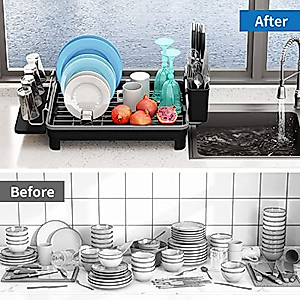 Ewaiira Dish Racks for Kitchen Counter,Large Capacity Dish Drying Rack,Black Dish Drying Rack with drainboard, Cup Holder, Utensil Holder