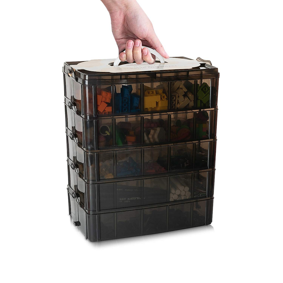LifeSmart USA Stackable Storage Container Black 50 Adjustable Compartments Compatible with Lego Dimensions LOL Surprise Littlest Pet Shop Arts and Crafts and More (5 Tier)