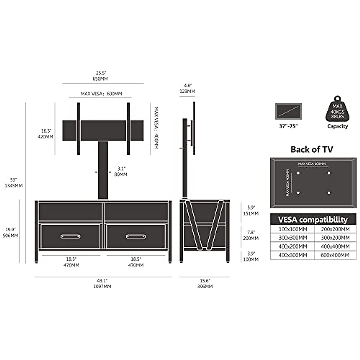 FITUEYES Wood Swivel Floor TV Stand with Mount for 37-75 Inch TVS, Television Stands with Storage for Bedroom - Height Adjustable, Cable Management, Removable Fabric Drawers, VESA 400x600mm, Walnut