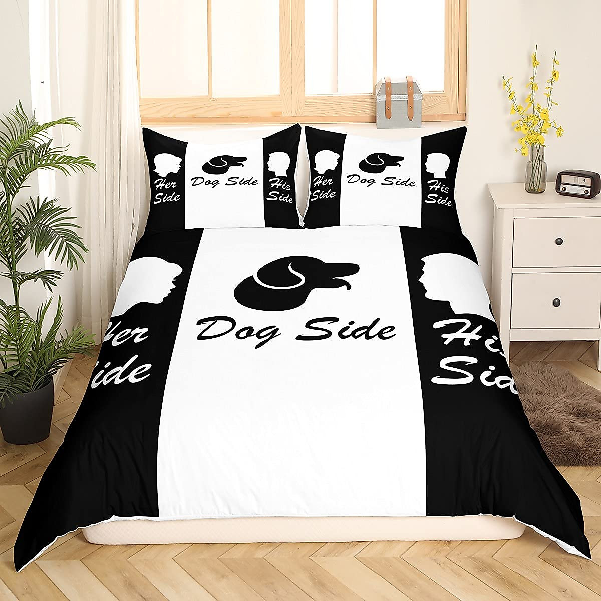 Dog Side and My Side Printed Comforter Cover King Size Couple Bedding Comforter Set Black White Dog Printed Decor Bedding Set for Adult Couple Romantic Theme Soft Duvet Cover with Zipper Closure