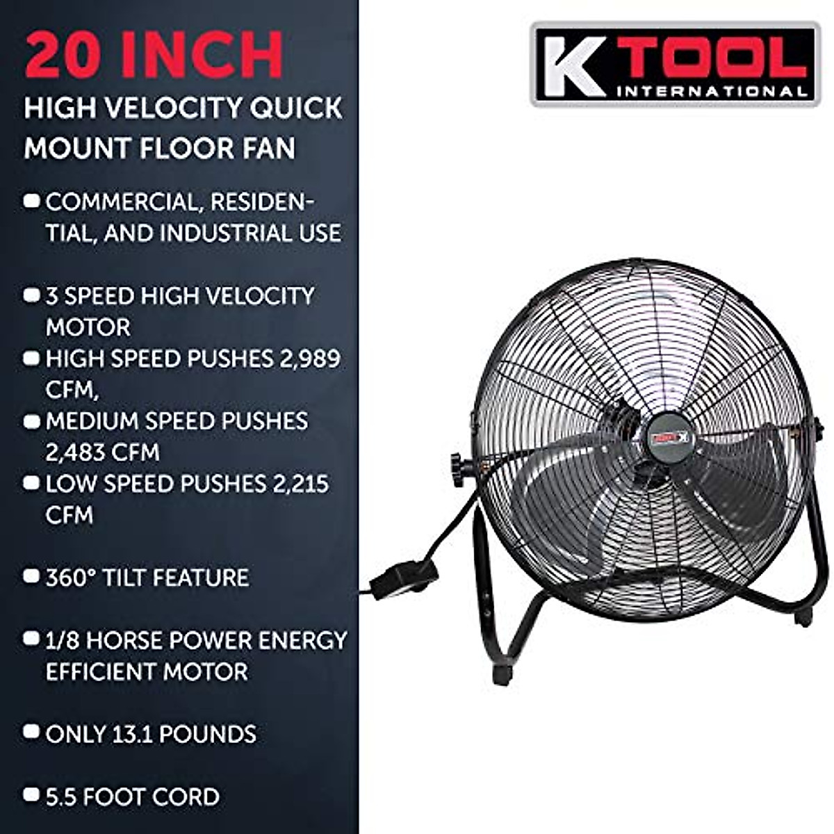 K Tool International 77722; 20 Inch, High Velocity Quick Mount Floor Fan, Converts to Wall Fan, 3- Speed Motor, 360 Degree Tilt, Ideal Fan for Home or Office, 5.5 Foot Cord, 2,989 Max CFM, Black